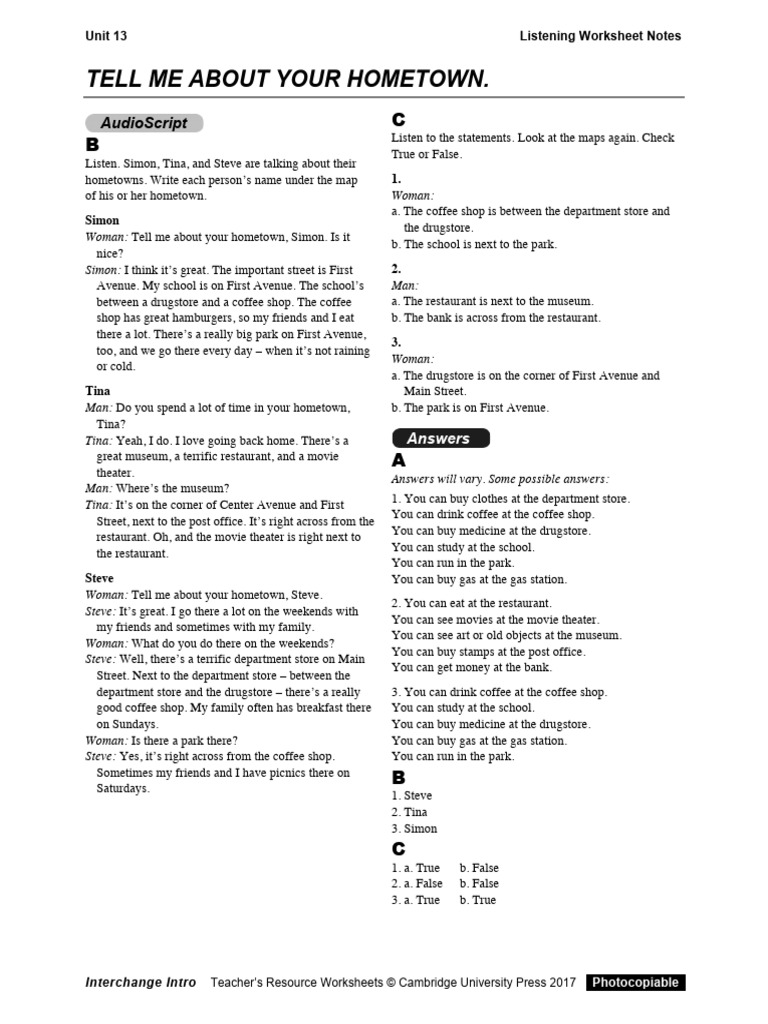 Microsoft Word - Interchange5thEd - IntroLevel - Unit13 - Listening - Worksheet - 4p | PDF