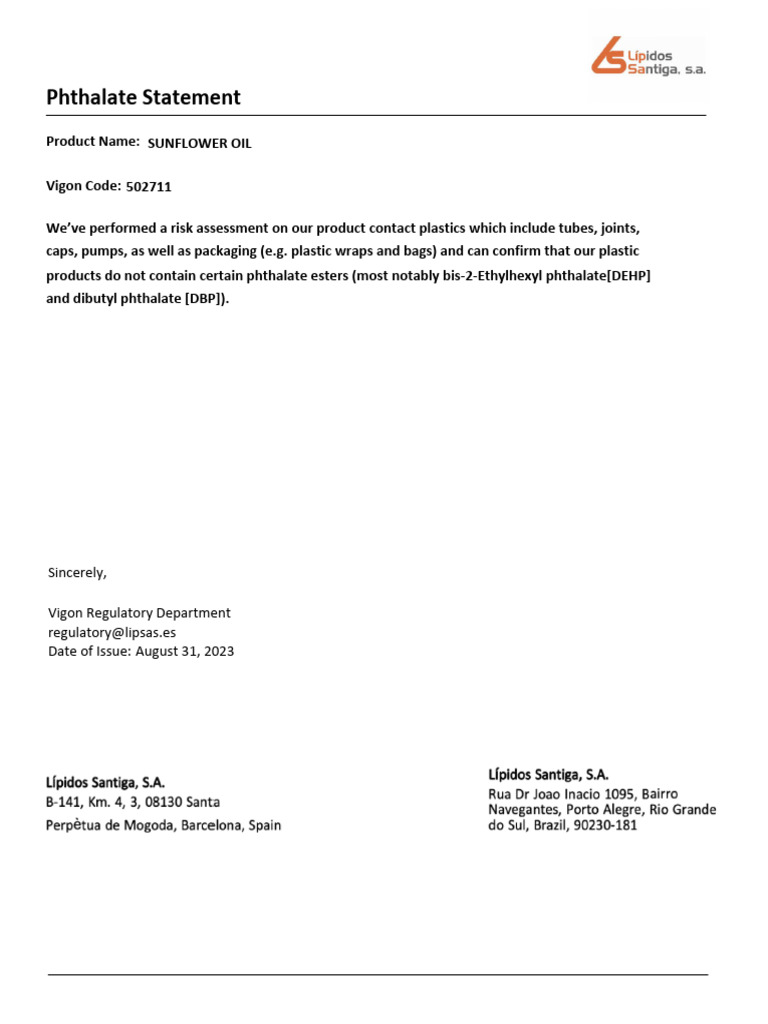 Phthalate-Free Sunflower Oil Notice | PDF