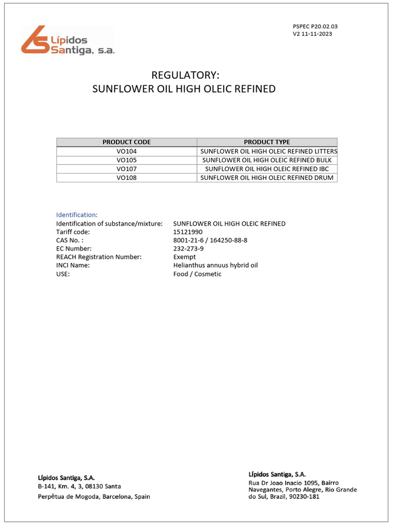 Sunflower Oil Refined Technical Details | Download Free PDF | Federal ...
