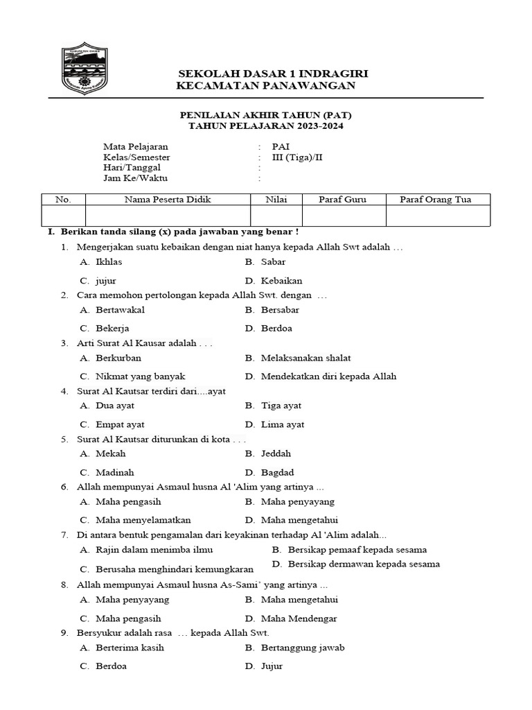 Soal Pat Pai Kelas 3 | PDF