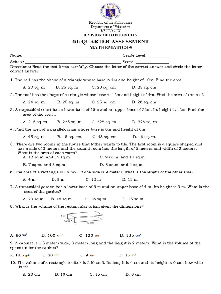 Math 4 Q4 Assessment | PDF | Area | Rectangle
