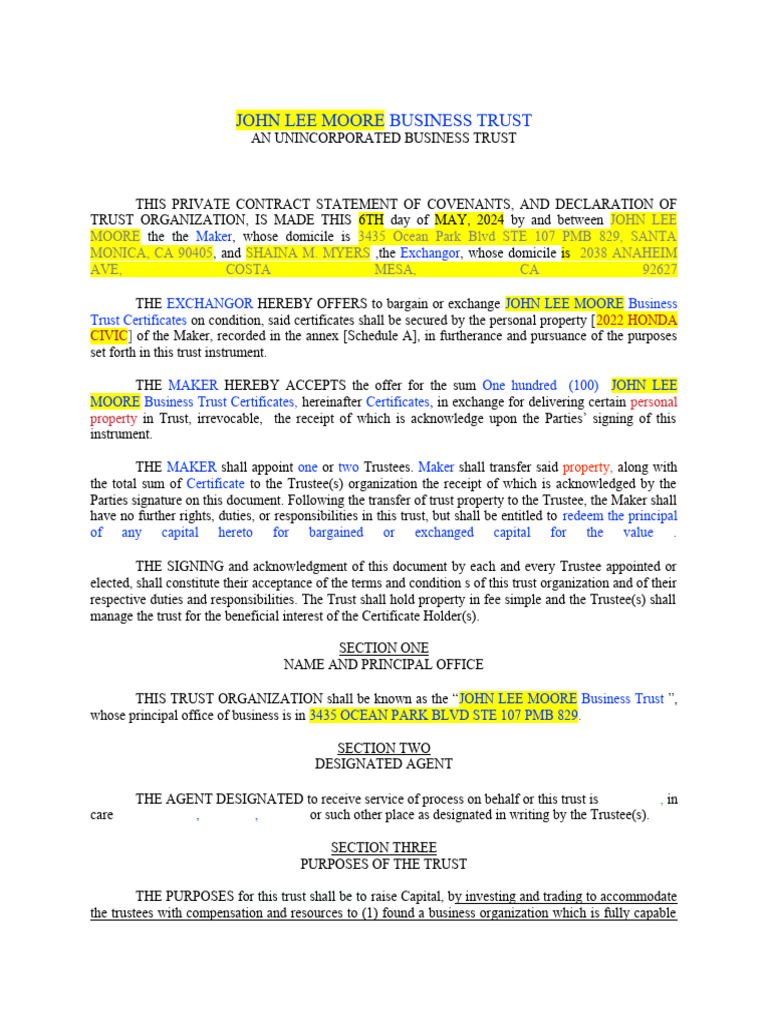 John Lee Moore Business Trust Agreement | PDF | Legal Liability | Trustee