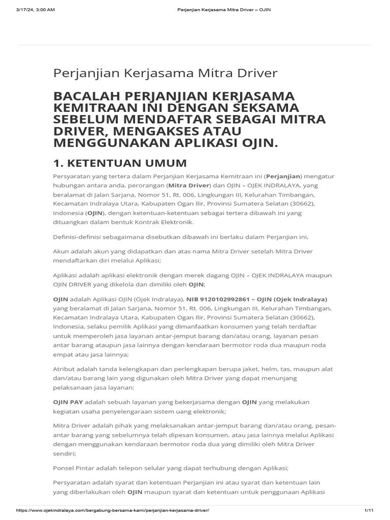 Perjanjian Kerjasama Mitra Driver OJIN | PDF | Teknologi & Rekayasa
