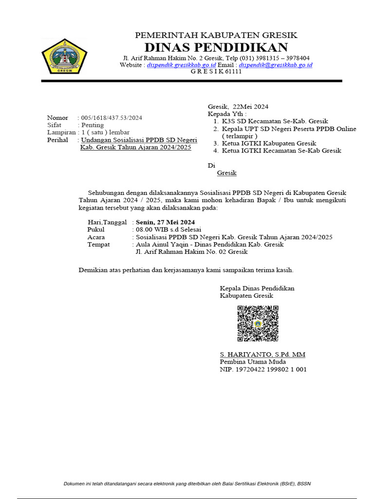 Surat Undangan Sosialisasi PPDB SD Negeri 2024 | PDF