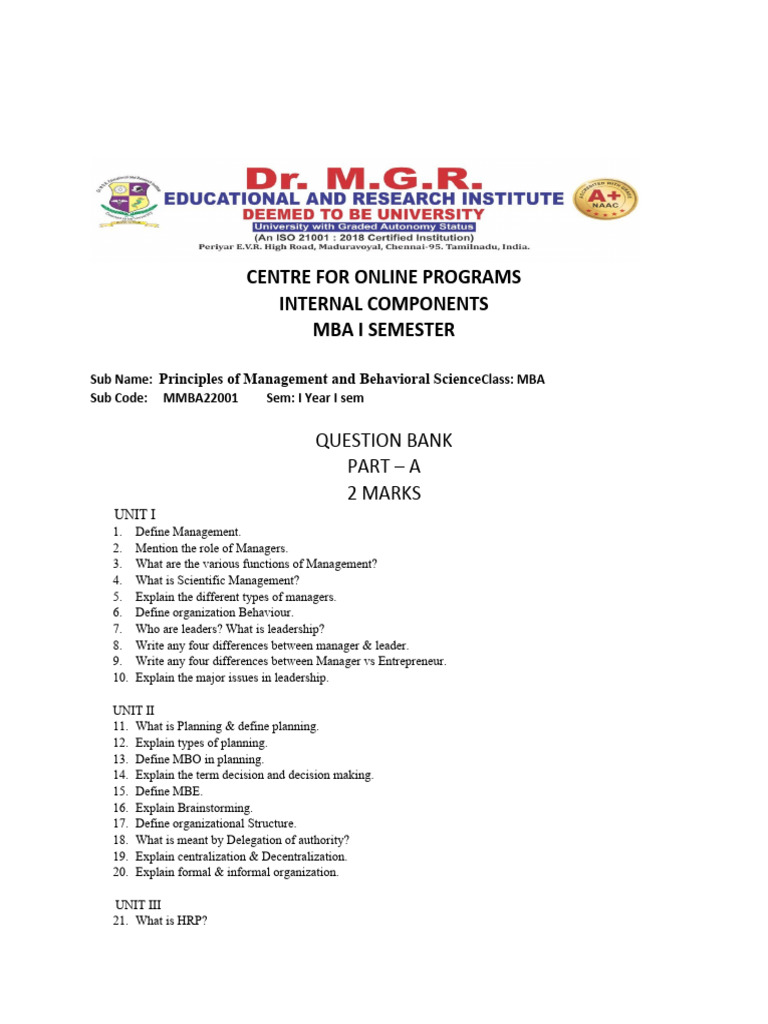 MBA Principles of Management Question Bank | PDF | Motivation ...