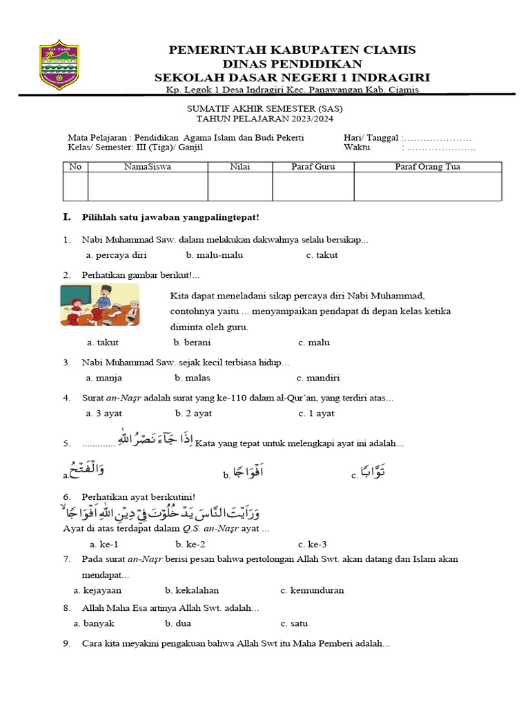 Soal Pas Pai KLS 3 | PDF