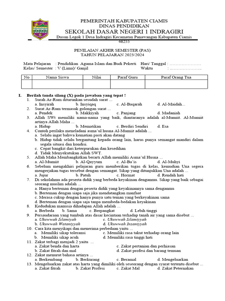 Soal Pas Pai KLS 5 | PDF