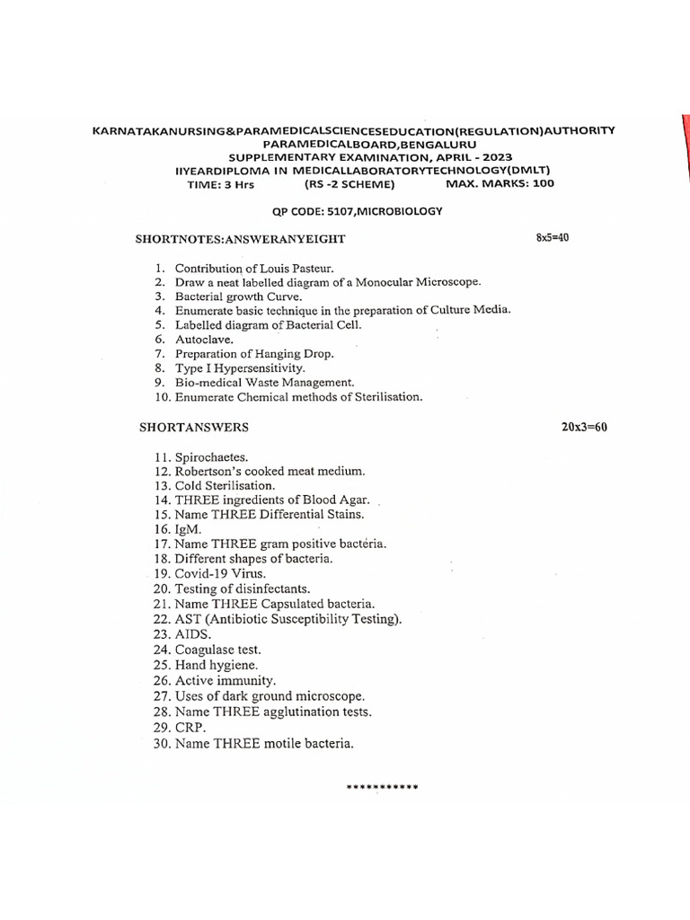 Microbiology DMLT Previous Question Paper | PDF Microbiology DMLT Previous Question Paper | PDF