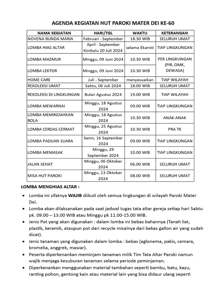 Agenda Kegiatan Hut Paroki Mater Dei | PDF