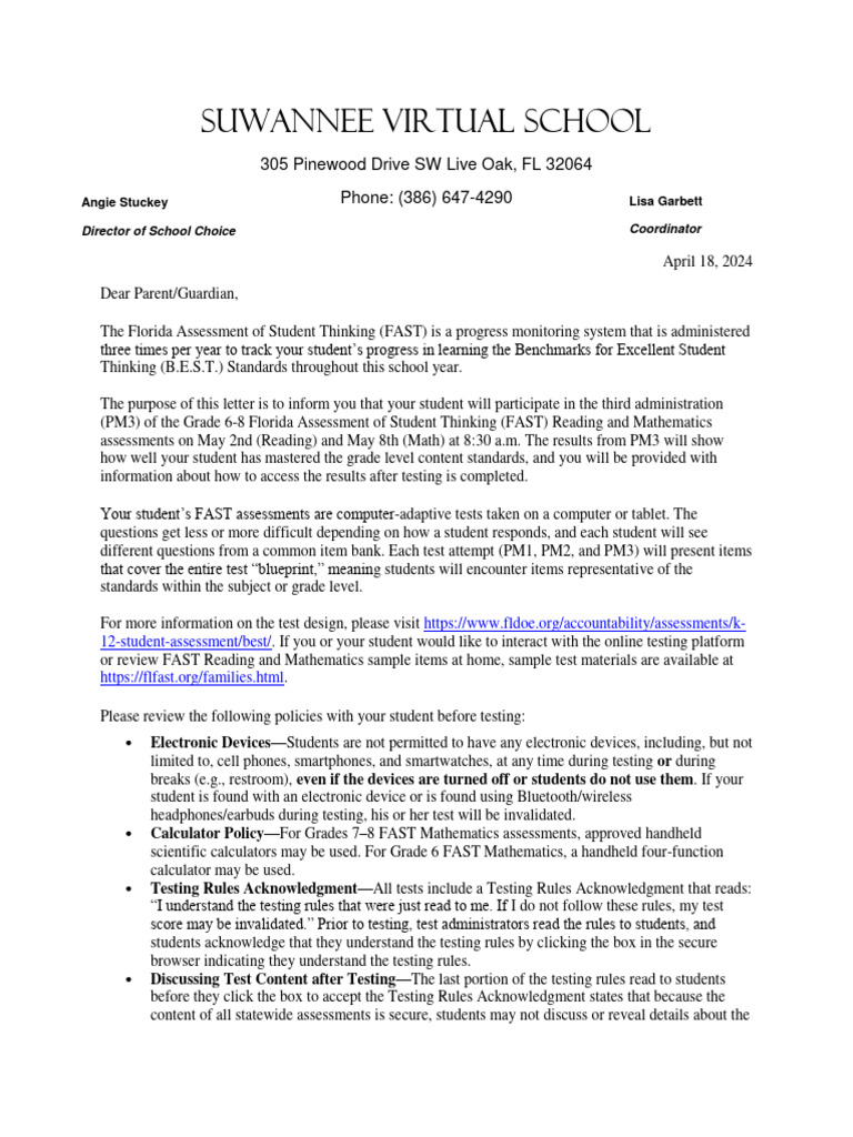 Spring 2024 Parent Letter FAST Grades 6-8 | PDF | Mobile Device | Text ...