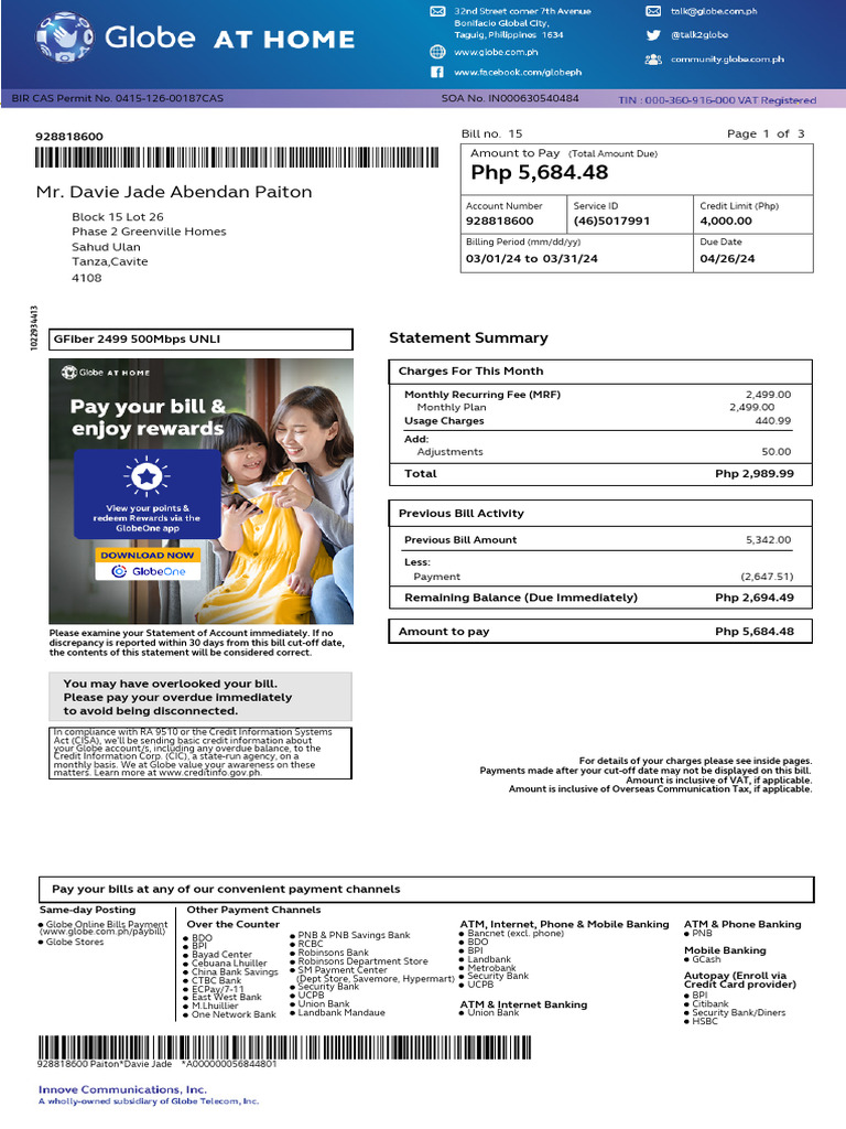 Globe Bill Sample 2024 | PDF | Banks | Value Added Tax