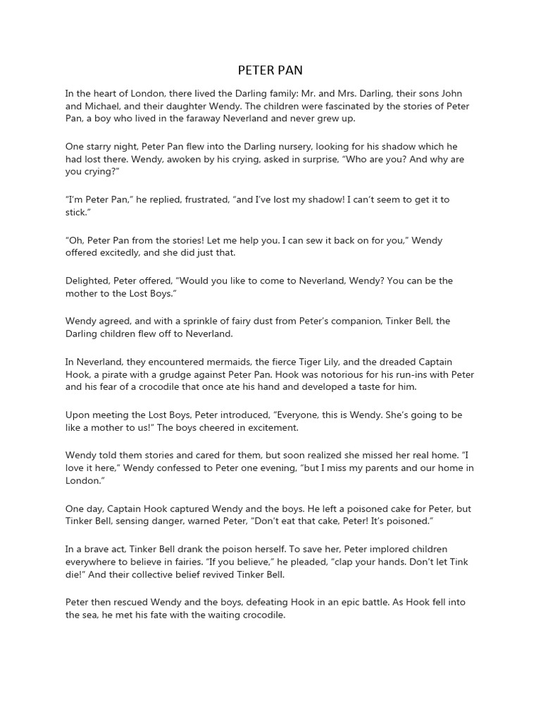 PETER PAN Story Short | PDF | Wendy Darling | Peter Pan