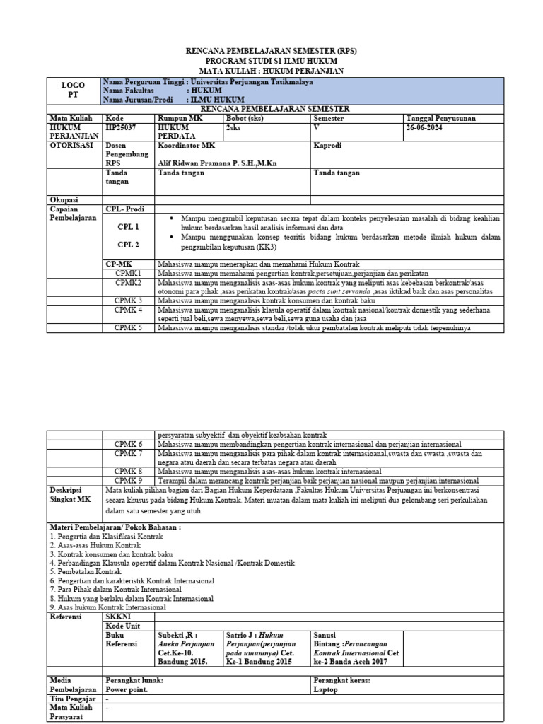 RPS Hukum Perjanjian | PDF