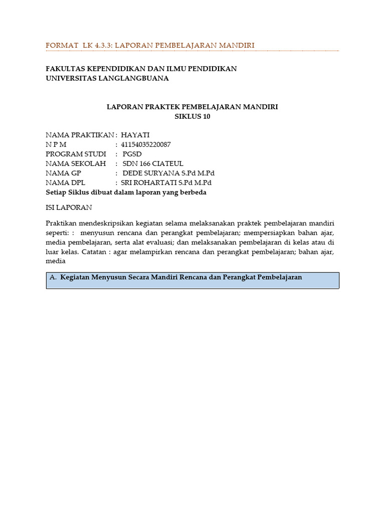 Hayati - FORMAT LK 4.3.3 LAPORAN PEMBELAJARAN MANDIRI SIKLUS 10 | PDF