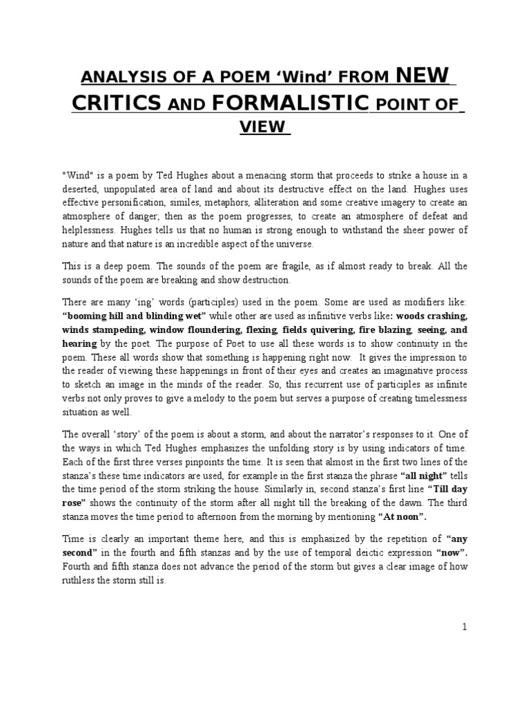 New Critics Formalistic Analysis Of A Poem Wind From And Point Of