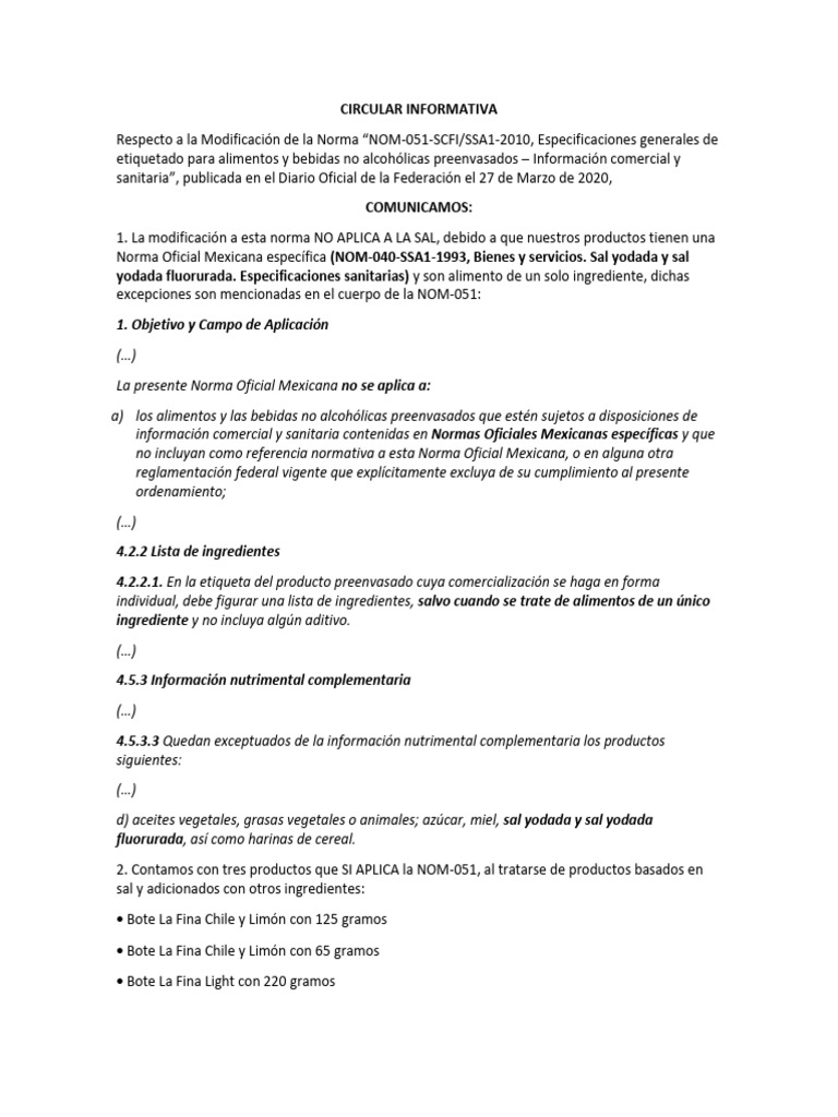 Extracto NOM-051 (040) Listado Ingredientes | PDF