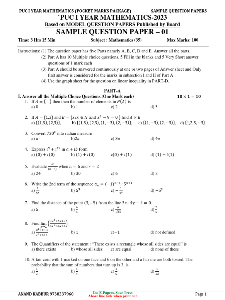 1st Puc Maths 12 Set Model Paper 2023 | PDF | Function (Mathematics ...