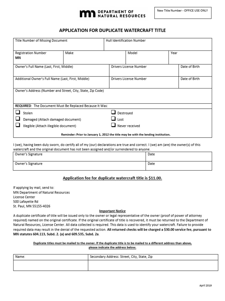 Duplicate Watercraft Title Application | PDF