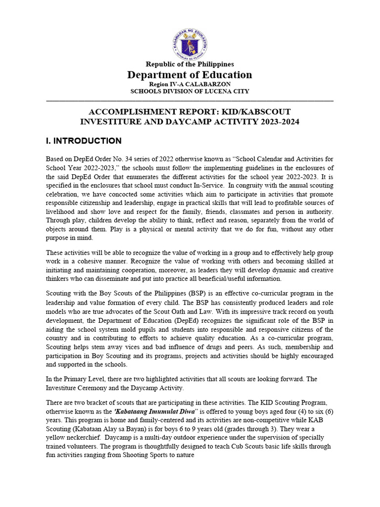 ACCOMPLISHMENT REPORT KID AND KAB SCOUT | Download Free PDF | Scouting ...