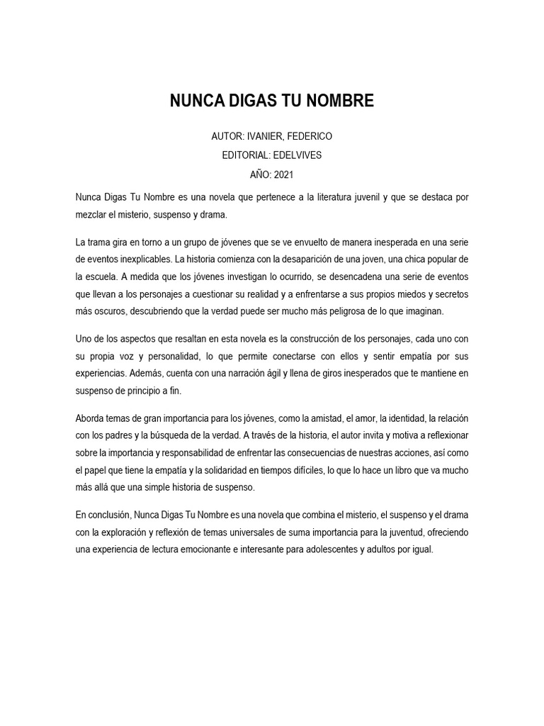Nunca Digas Tu Nombre: Novela Juvenil | PDF