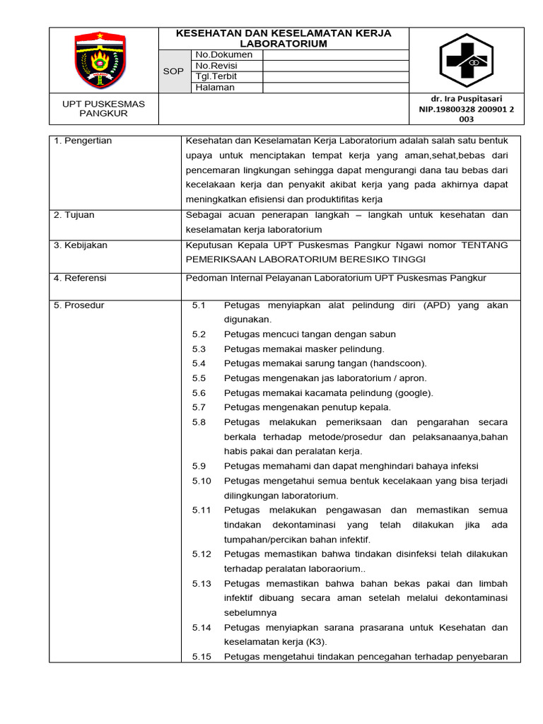 Sop Kesehatan Dan Keselamatan Kerja Laboratorium | PDF