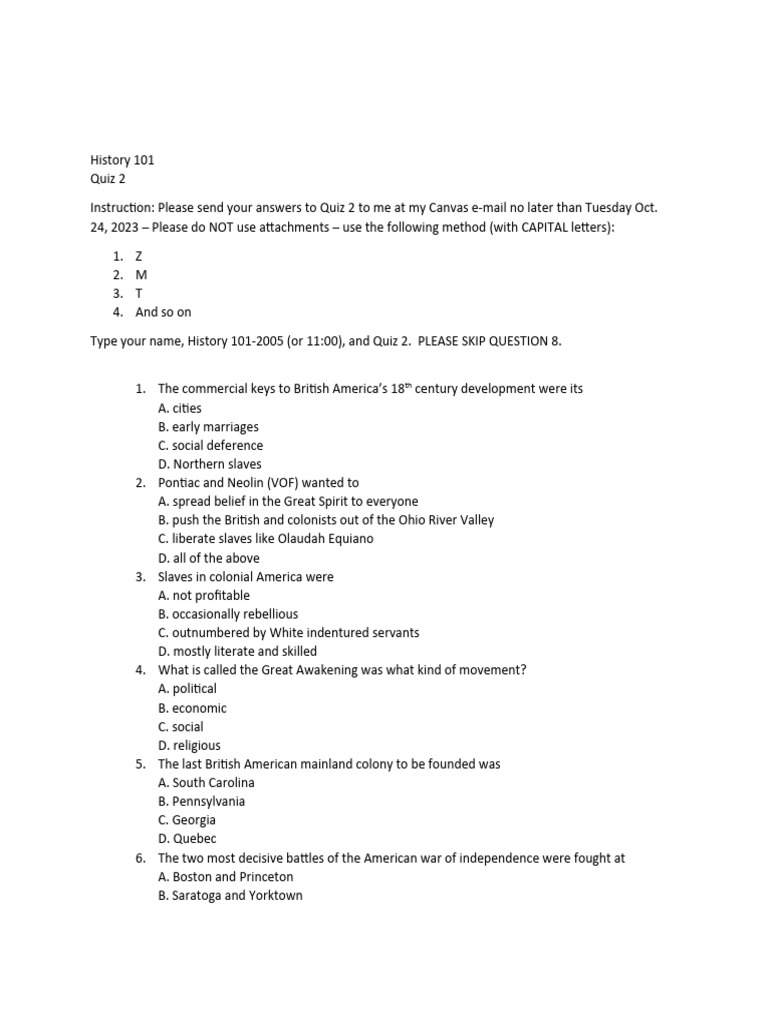 History 101 Quiz 2 Instructions and Questions | PDF | Patriot (American ...