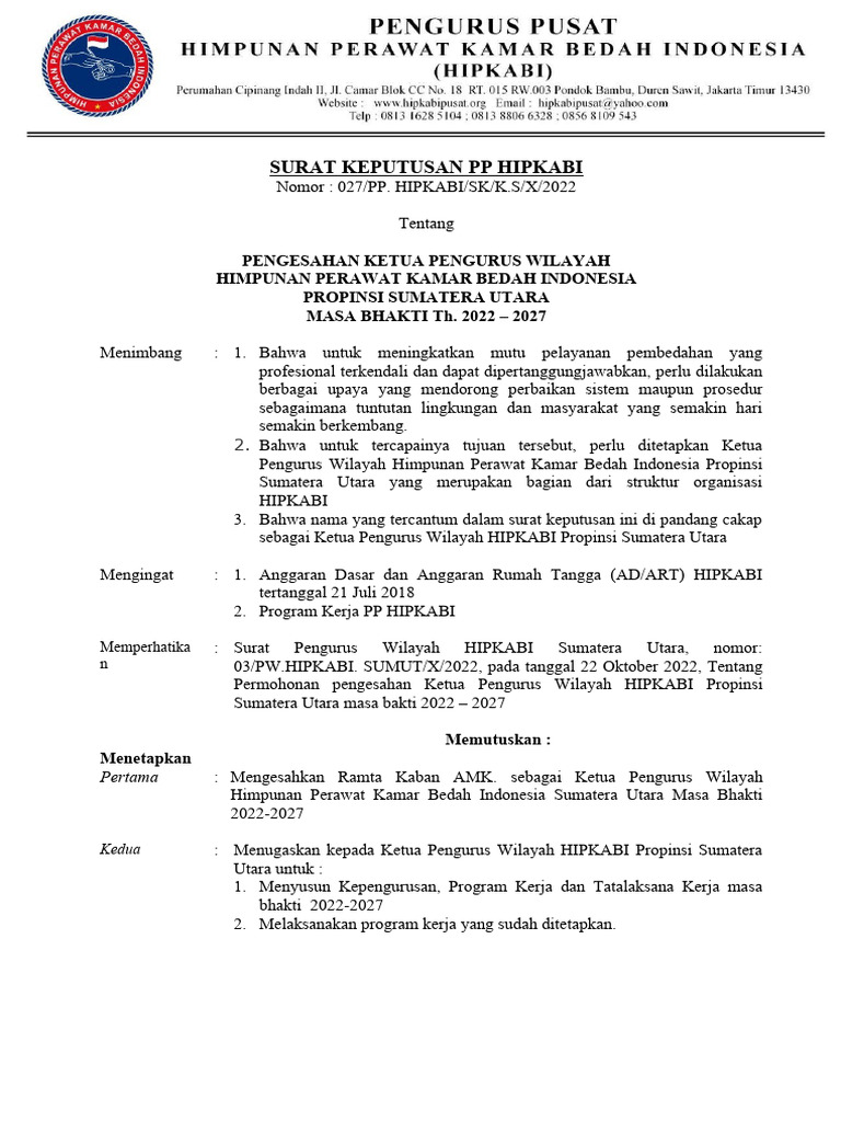 027 - PP. HIPKABI - SK - K.S - X - 2022 - Pengesahan Ketua PW HIPKABI ...