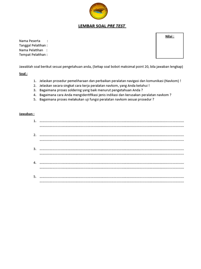 UK.3.a. Lembar Soal Pre-Test (Sample) | PDF