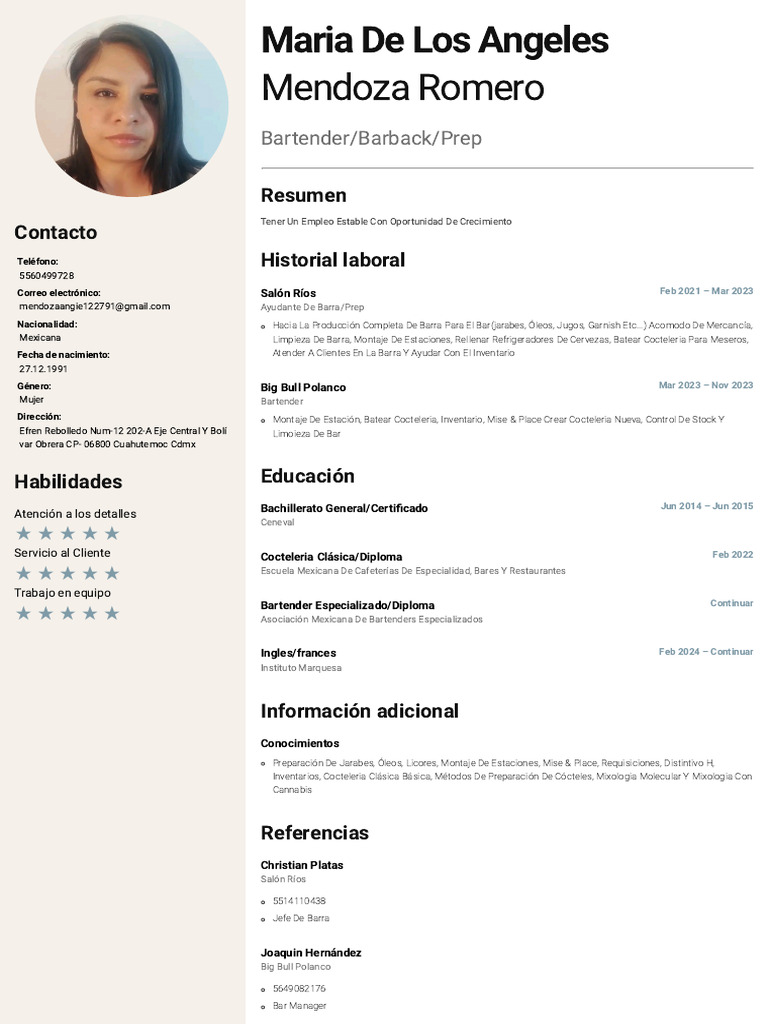 Maria de Los Angeles - Resume - 394 | PDF | Alcohol | Barman