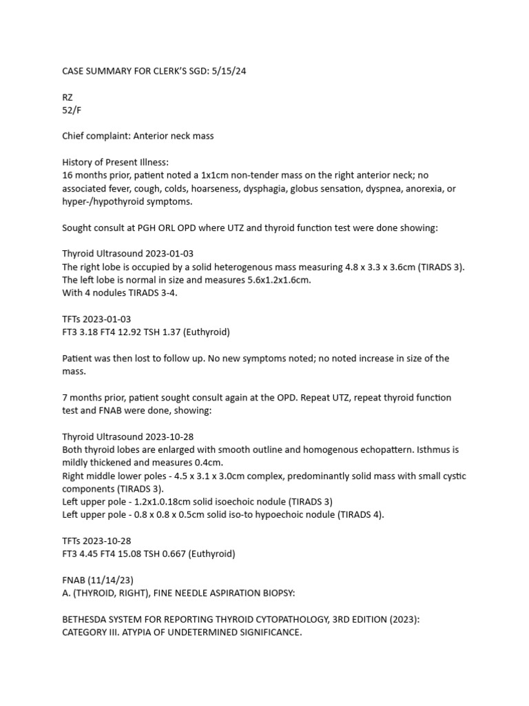 Case Summary For Clerk's SGD - 5:15:24 | PDF | Thyroid | Clinical Medicine