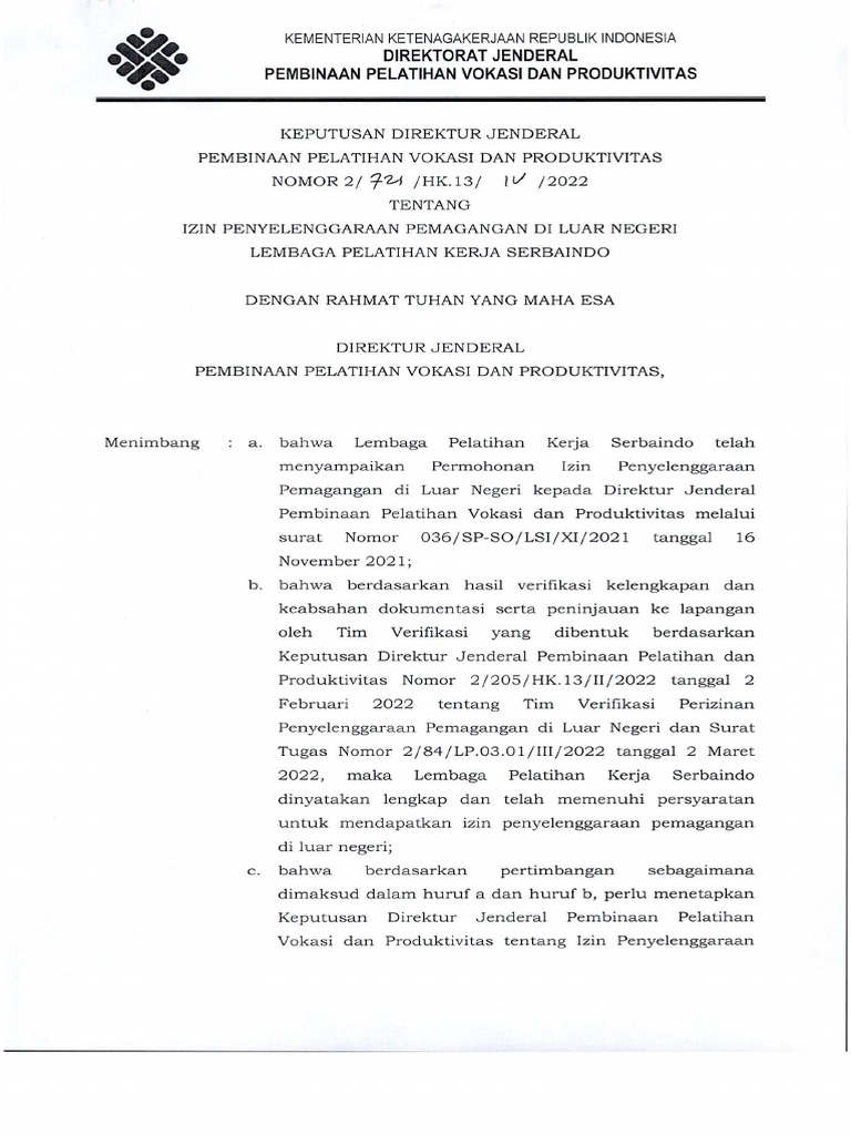 Izin So - LPK Serbaindo | PDF