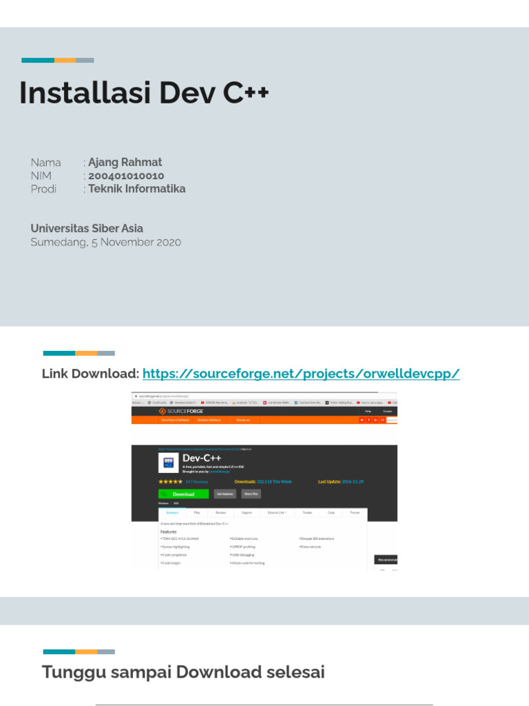Installasi Dev C++ - Ajang Rahmat - 200401010010 - Teknik Informatika - UNSIA | PDF