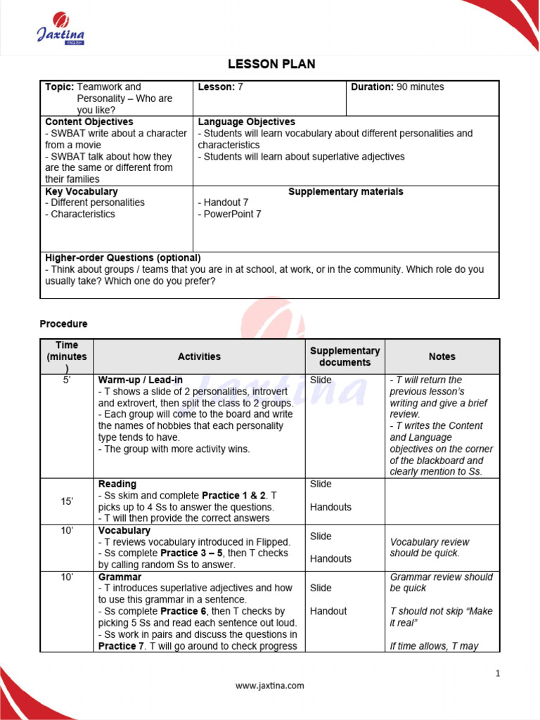 Lesson Plan 7 - TC - Final Checked | PDF | Lesson Plan | Behavior ...