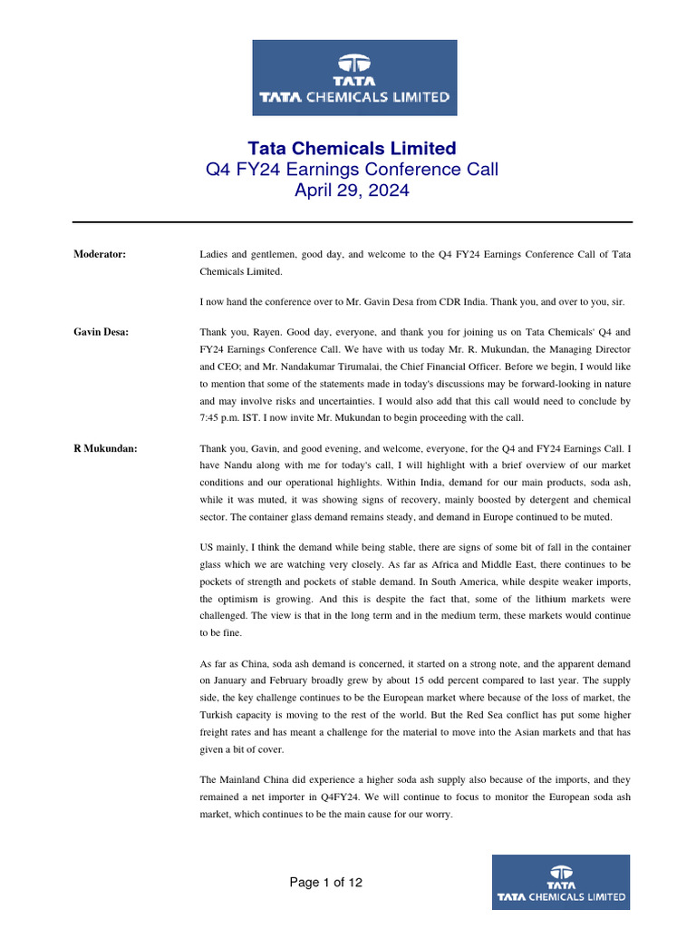 TCL Q4fy24 Earnings Call Transcript | PDF | Demand | Natural Gas