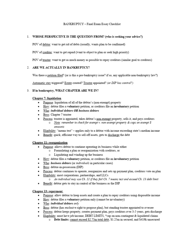 Bankruptcy Exam Essay Checklist | PDF | Bankruptcy | Chapter 7