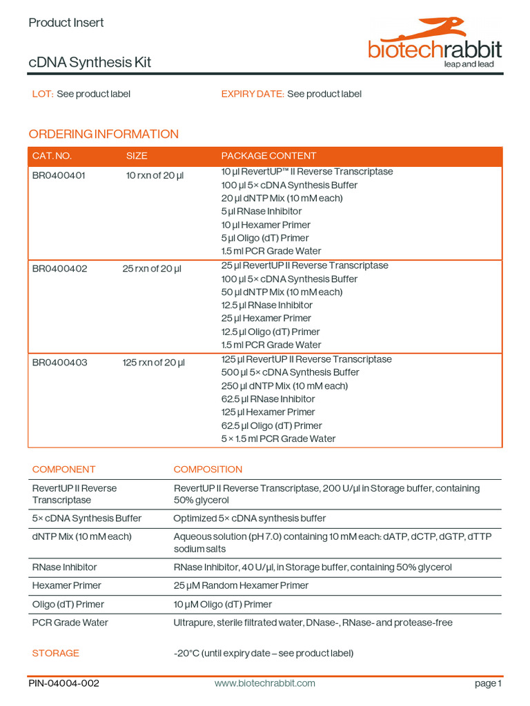 C DNASynthesis Kit Protocol | PDF | Complementary Dna | Reverse ...