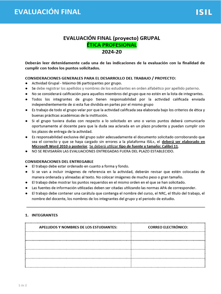 EVALUACIÓN FINAL (PROYECTO) GRUPAL | PDF | Evaluación