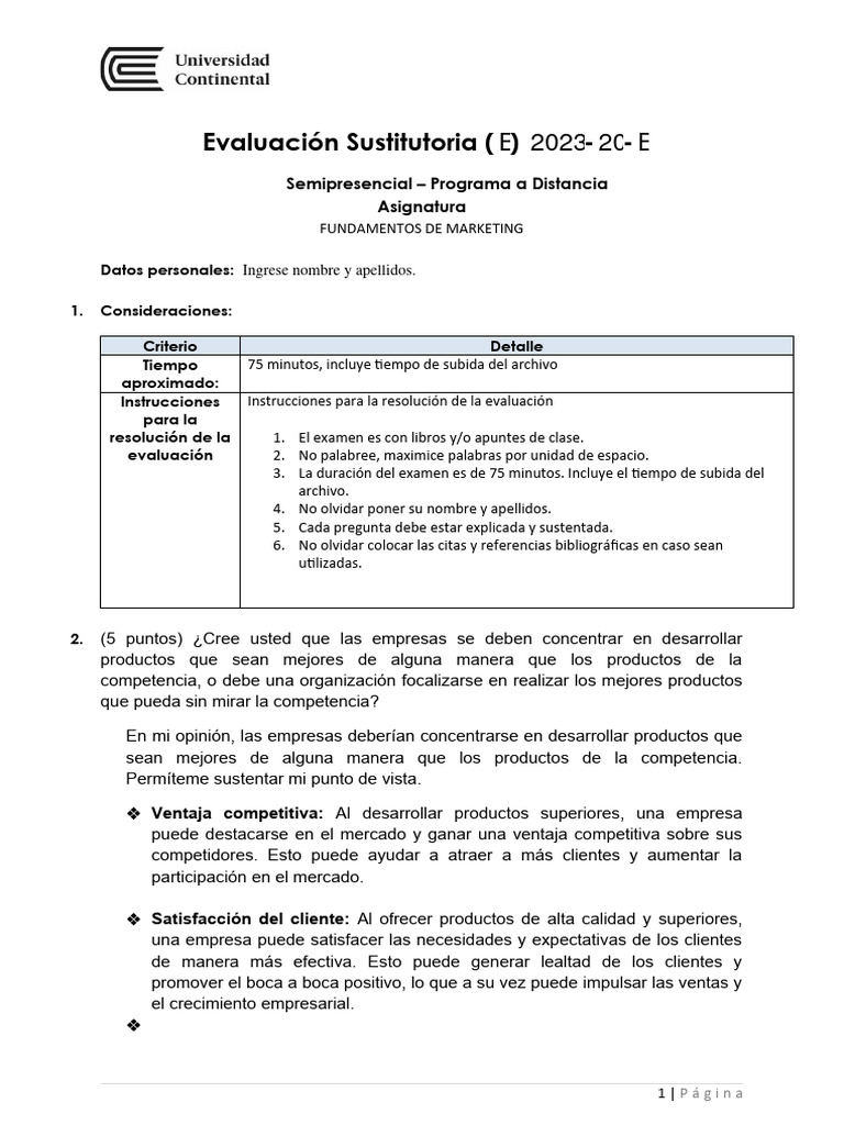 Evaluación Sustitutoria 2023 20B MSolis (1) - THOMAS | PDF | Marketing | Business
