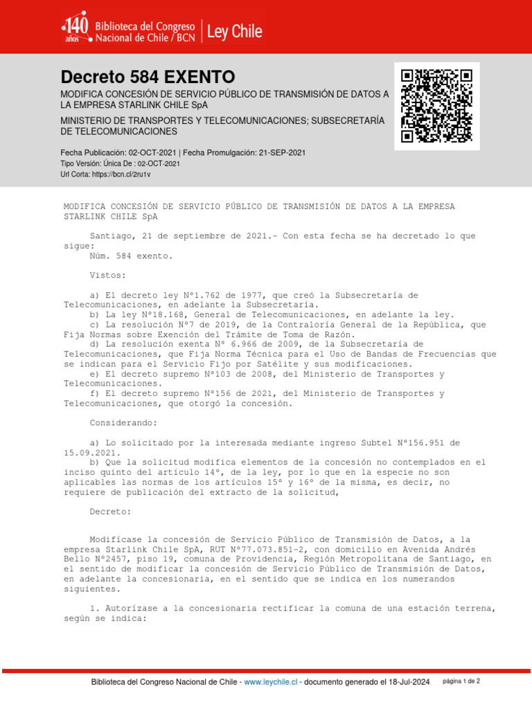 Decreto 584 EXENTO - 02 OCT 2021 | PDF | Telecomunicaciones | Chile