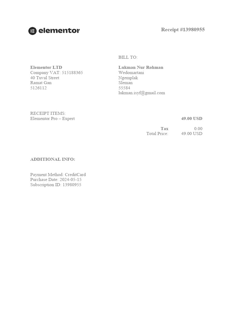 Receipt Elementor Pro 13980955 | PDF