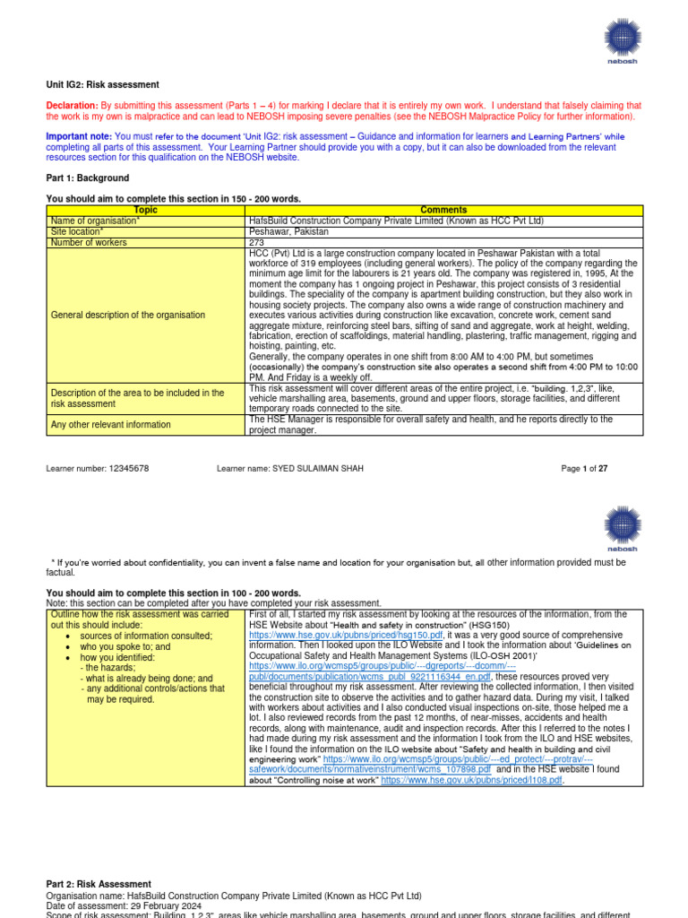 Nebosh IGC - IG2 Risk Assessment (Pass) BY Syed Sulaiman Shah | PDF | Personal Protective ...