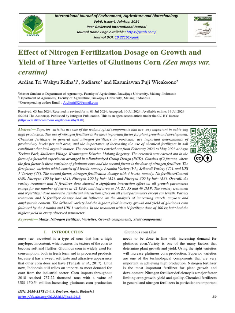 Effect of Nitrogen Fertilization Dosage On Growth and Yield of Three Varieties of Glutinous Corn ...