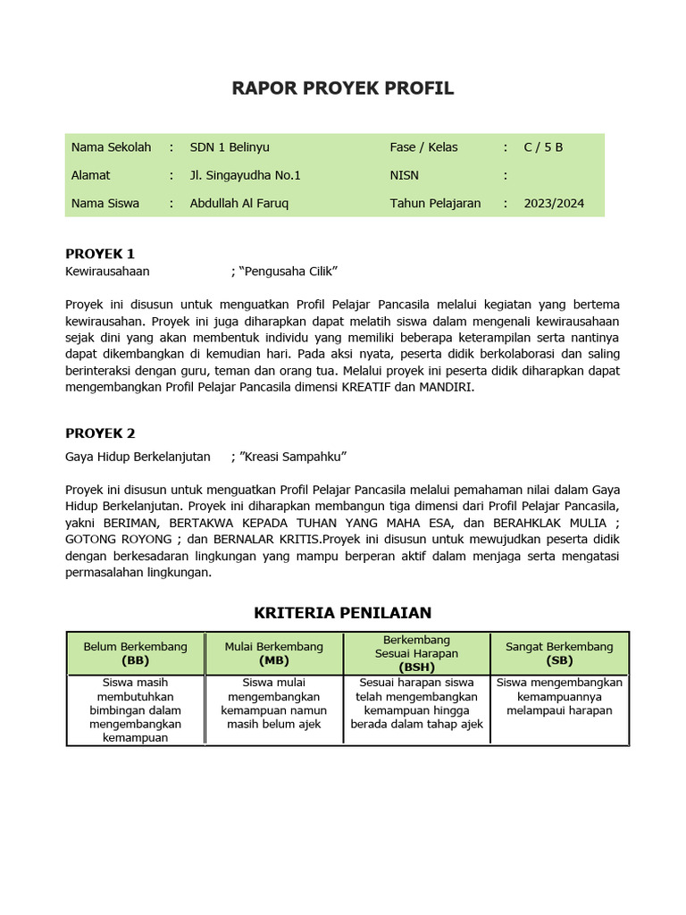Rapor Projek Kelas 1 A TH 24 | PDF | Pengembangan Diri | Kesehatan Holistik