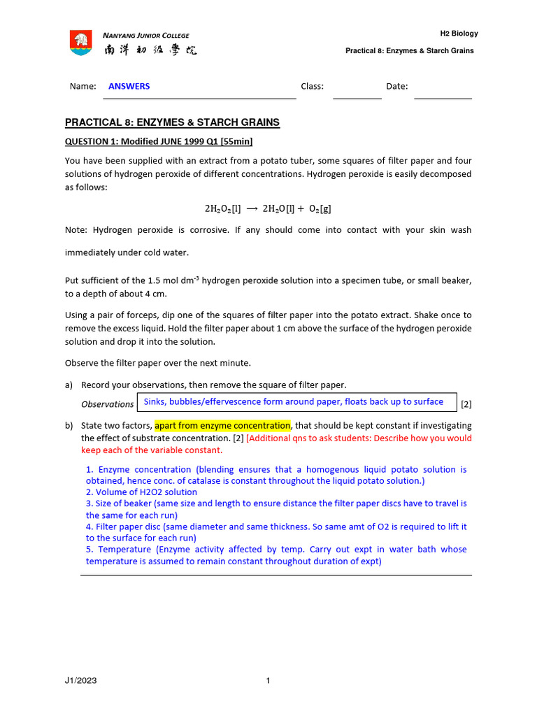 2023 - JC1 - Practical 8 - Enzymes Hydrogen Peroxide Starch Grains - ANS | PDF | Hydrogen ...