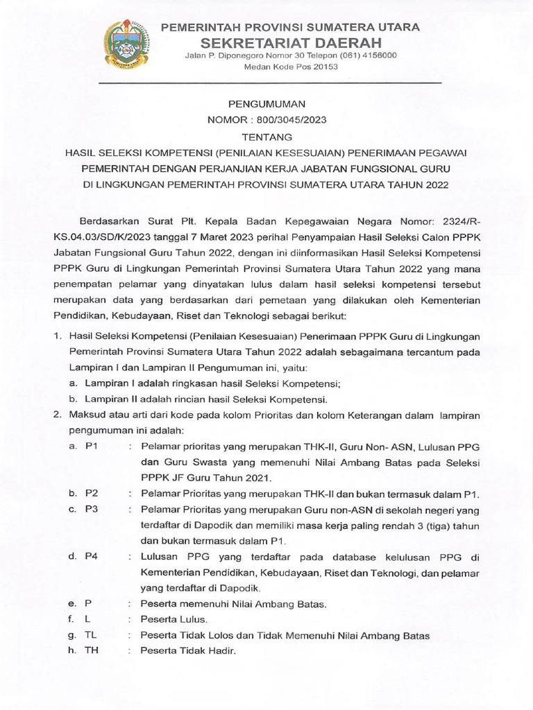 Pengumuman Hasil Seleksi Kompetensi PPPK Guru 2022 | PDF