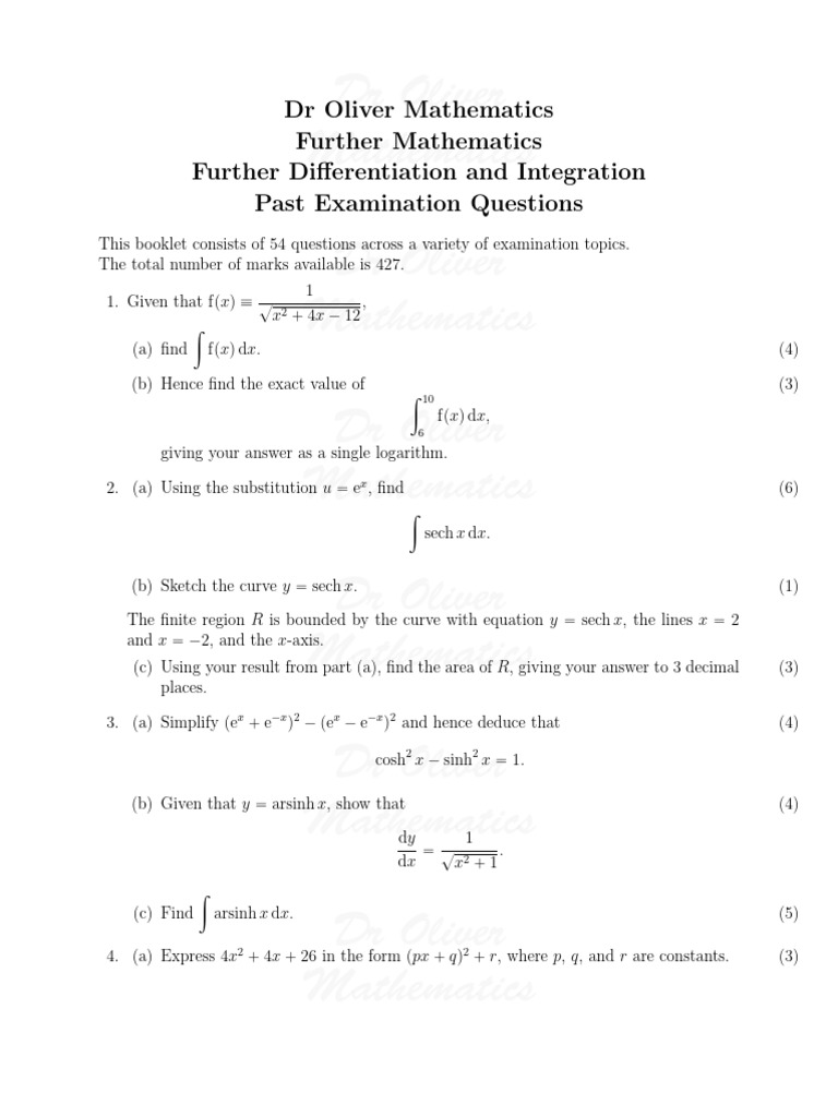 Further Differentiation and Integration Questions Olivier From Reading School | PDF | Equations ...