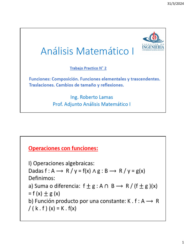 Análisis Matemático I: Operaciones Con Funciones | PDF | Función (Matemáticas) | Funciones y mapeos