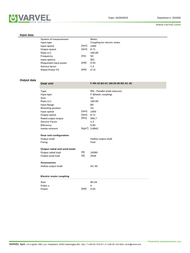 Input Data: F RN 43 B3 H1 160.69 80 B5 AC 40 | PDF | Electric Motor | Alternating Current