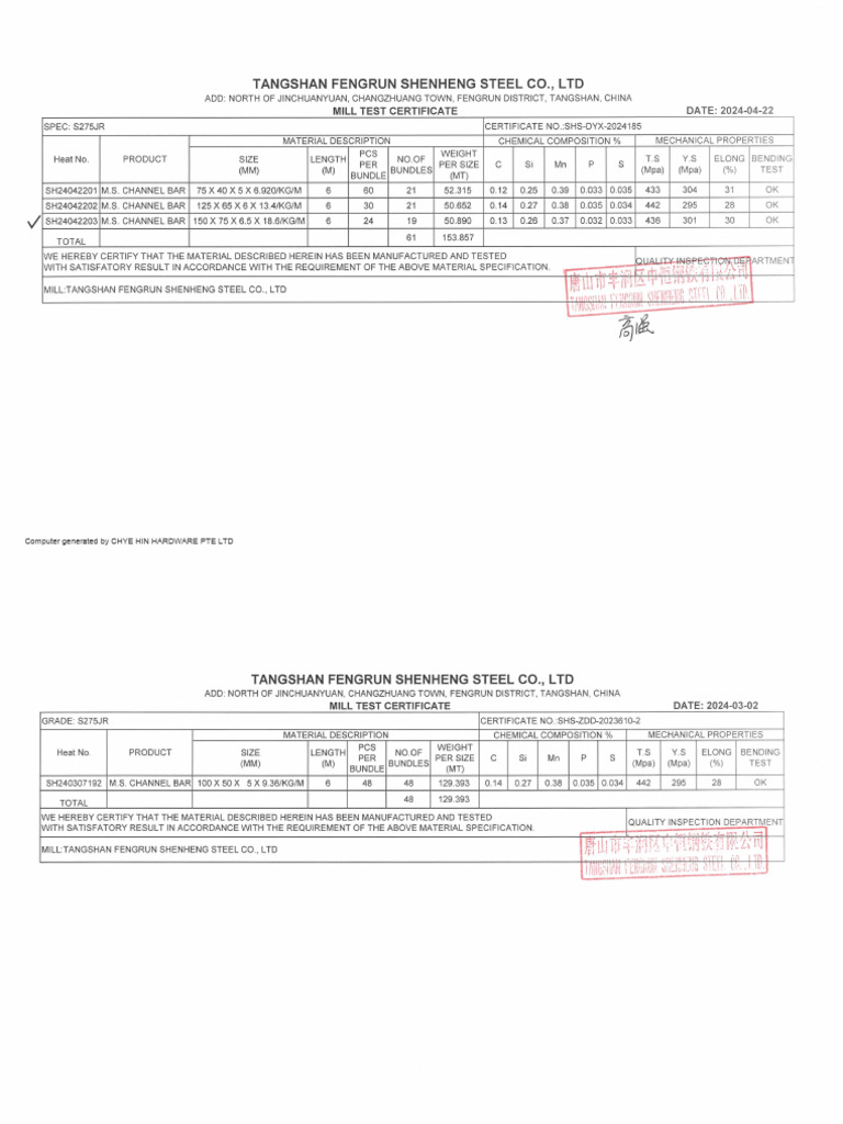 CHYE HIN Hardware Mill Test Certificate | PDF | Materials | Secondary ...