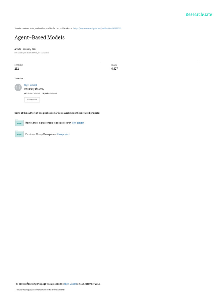 Gilbert, Nigel. (2007) - Agent-Based Models. The Centre For Research in ...
